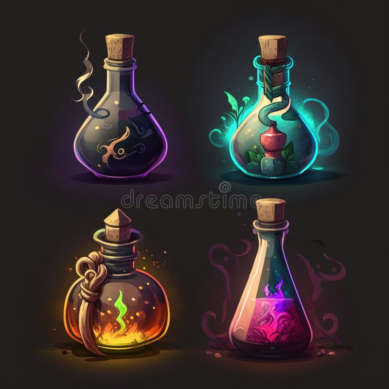 Bottles with magic potions stock illustration. Illustration of elements ...