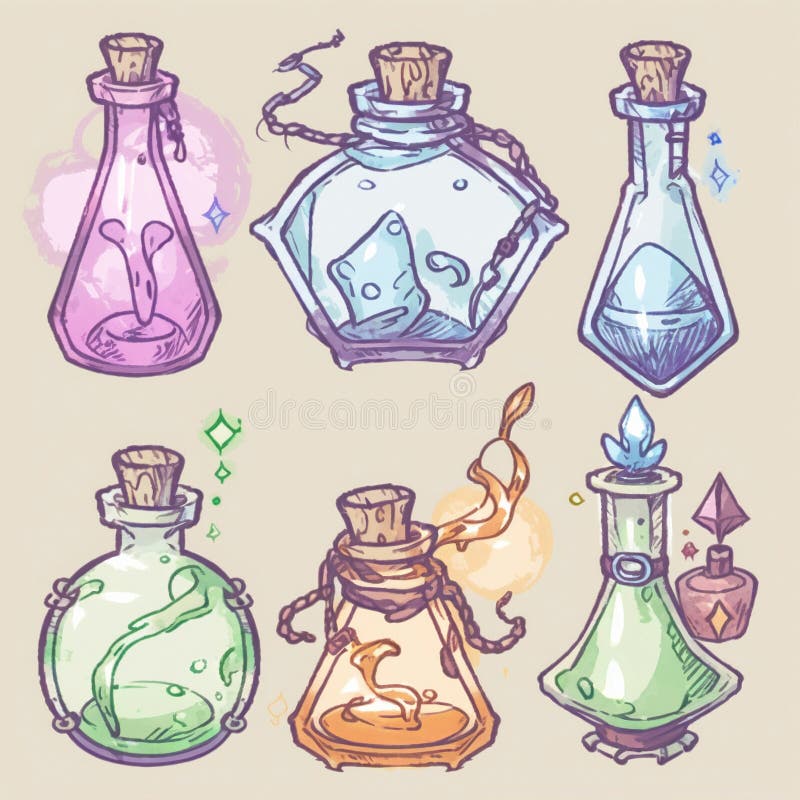Bottles with magic potions stock illustration. Illustration of ...