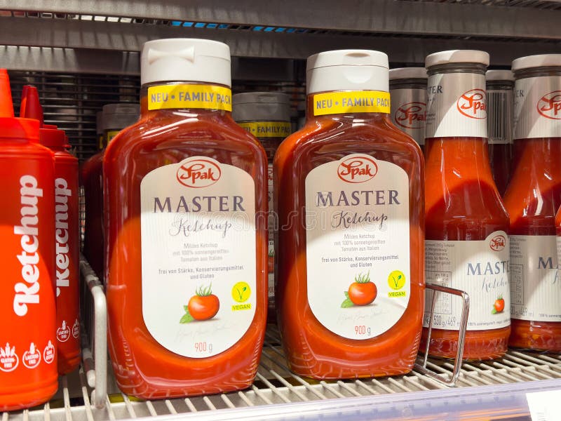 Bottles of Master Ketchup with Vegan Label on Supermarket Shelf ...