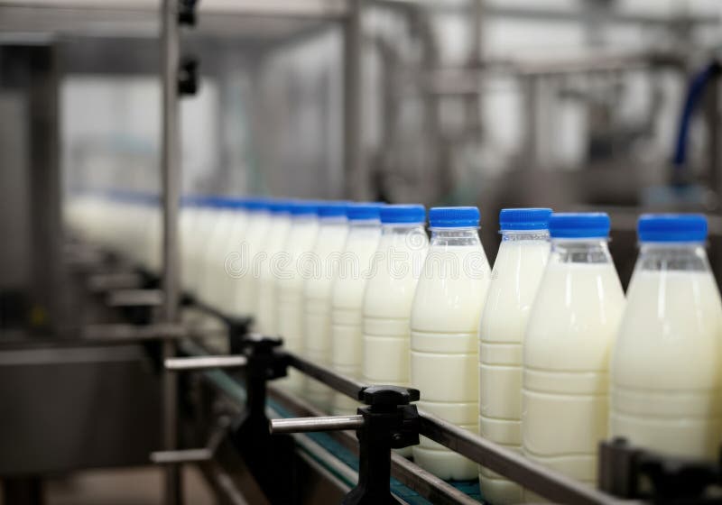 Bottles of Milk on a Production Line in a Dairy Processing Facility ...