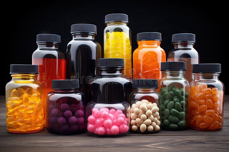 Bottles of Nutritional Supplements in Assortment of Colors, Shapes and ...