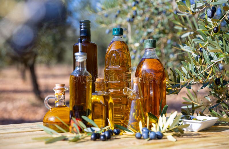 Bottles with Olive Oil and Olive Tree on a Background of Nature Stock ...