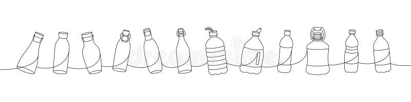 Bottles One Line Continuous Drawing. Empty Glass and Plastic Bottles ...