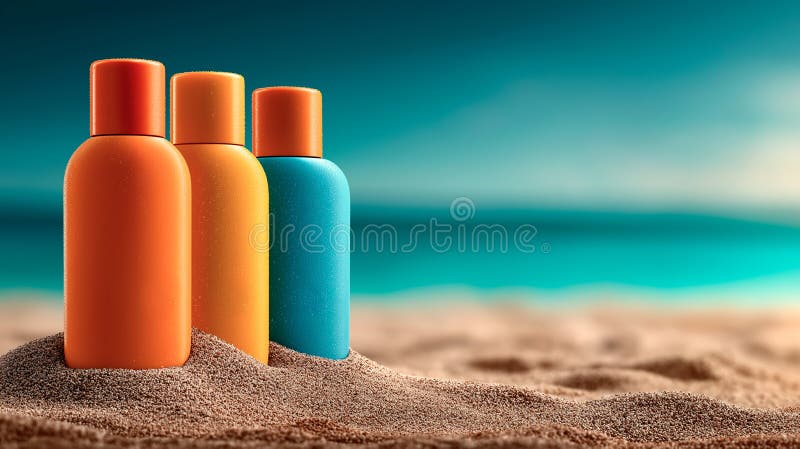 Bottles of Orange Sunscreen on Beach Sand with Marine Background ...