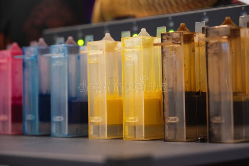 Bottles with Paints on Fabric Printer Panel in Sewing Shop Stock Image ...