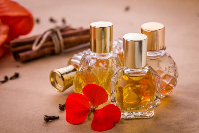 Bottles of Perfume with Ingredients Stock Image - Image of background ...