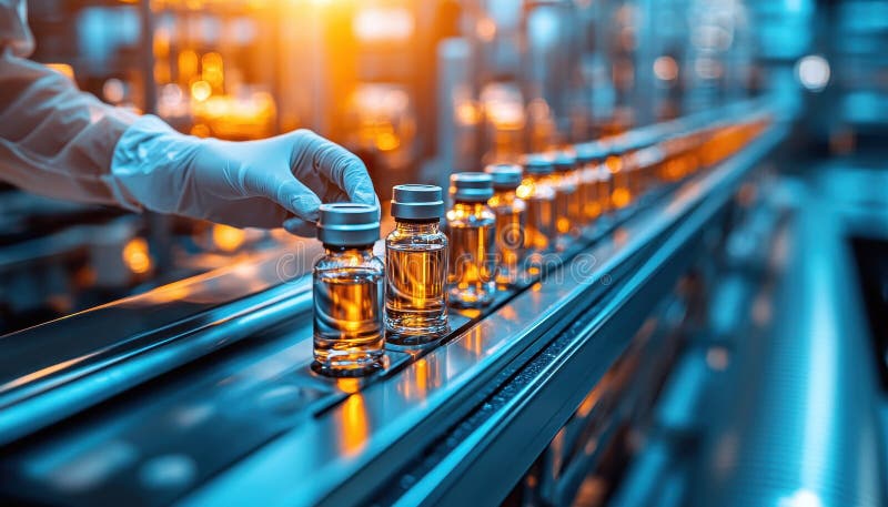 Bottles of Pharmaceutical Liquid Being Processed on a Conveyor Belt in ...
