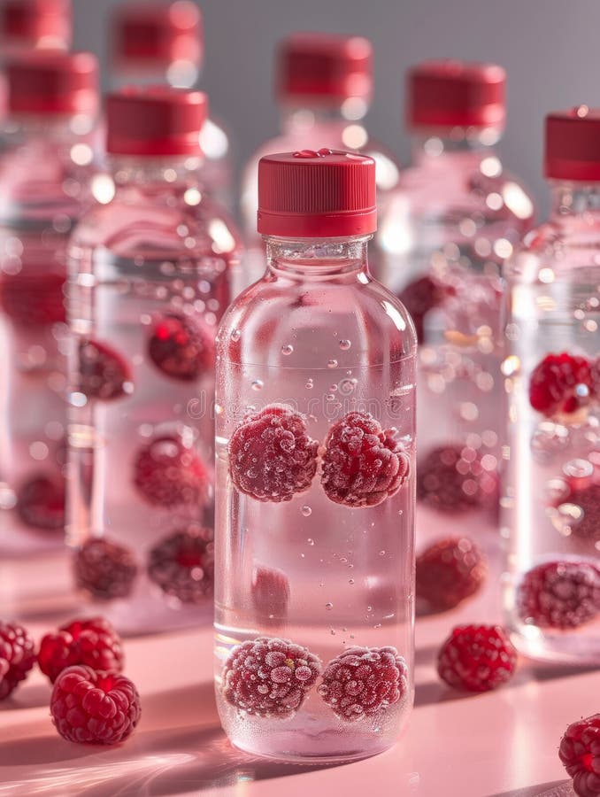 Bottles of Raspberry-infused Water with Red Caps and Transparent ...