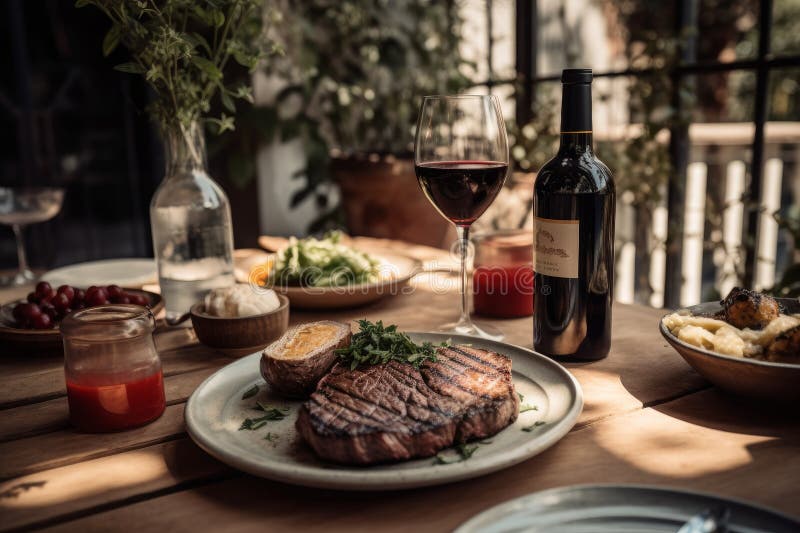 Bottles of Red Wine with Meat on Dining Table Generative AI Stock ...