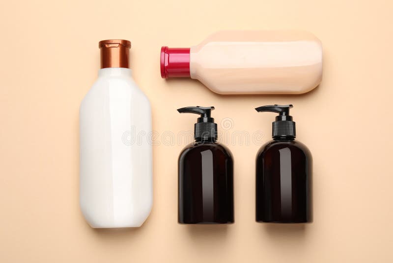 Bottles of Shampoo on Beige Background, Flat Lay Stock Image - Image of ...