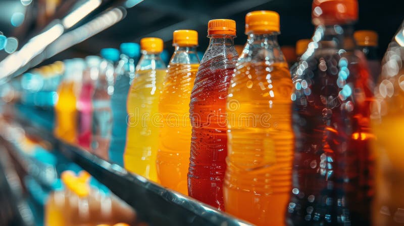 Bottles of Various Colored Soft Drinks on a Store Shelf Stock Image ...