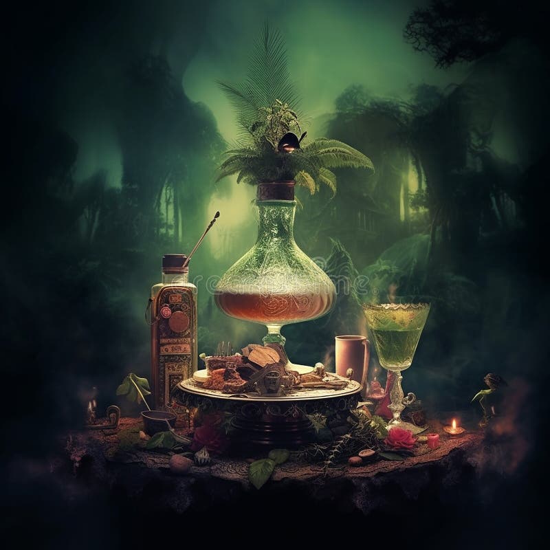 Halloween Style Image of a Table Full of Potions and Containers Full of ...