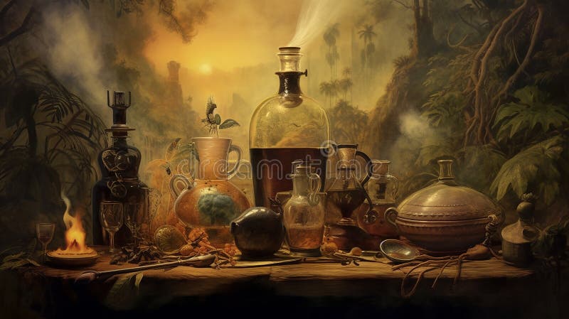 Halloween Style Image of a Table Full of Potions and Containers Full of ...