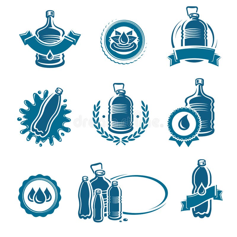 Bottles Water Labels and Elements Set. Water Icon Collection Stock ...