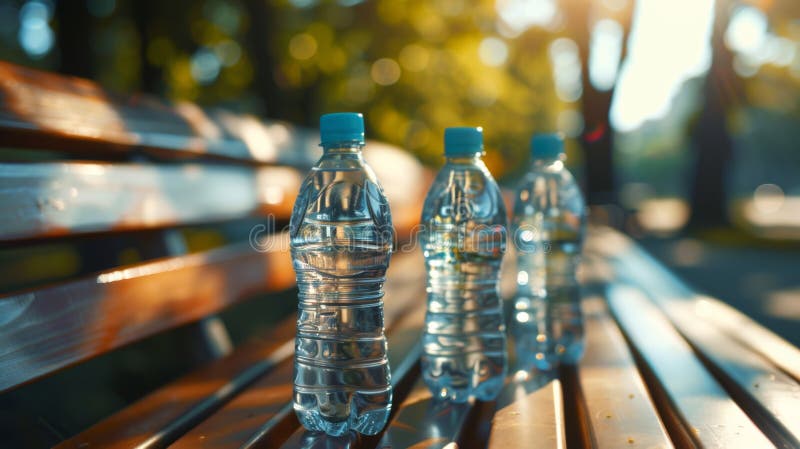 Bottles of Water on a Park Bench in Sunlight, Refreshing Concept Stock ...