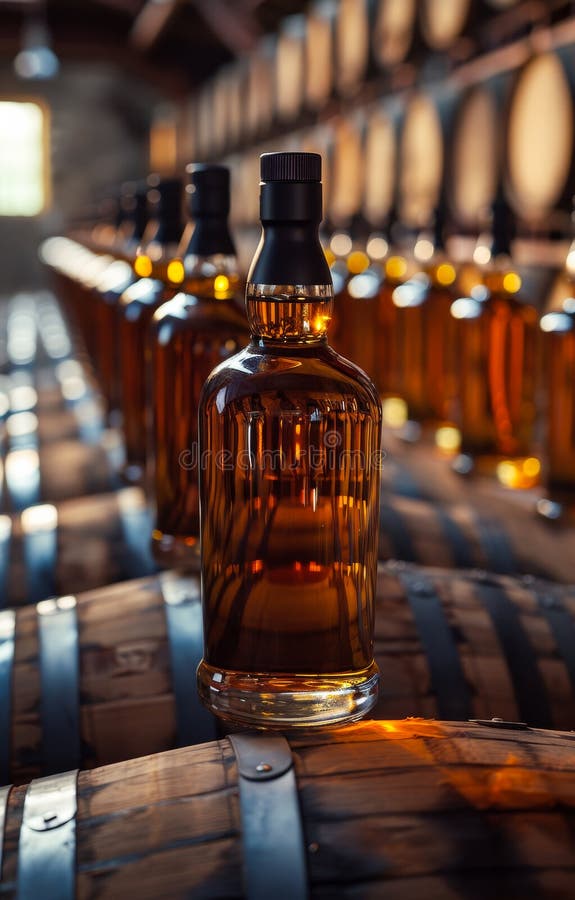 Bottles of Whiskey are on the Barrels Stock Photo - Image of luxury ...