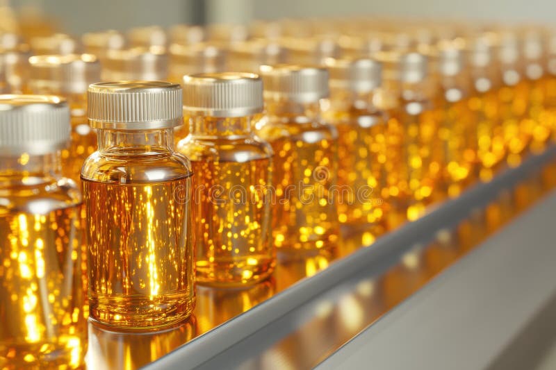 Bottling Process of Golden Oil in Factory Setting with Gleaming ...