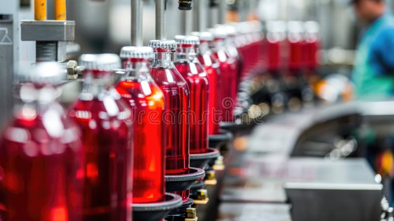 Bottling Production Line with Red Liquid in Bottles Stock Illustration ...