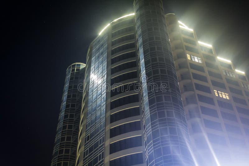 Bottom Angle Shooting Modern Urban Building with Neon Light Stock Photo ...