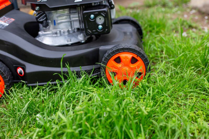 Bottom Part with Wheels of Petrol Lawn Mower on Green Grass. Mowing ...