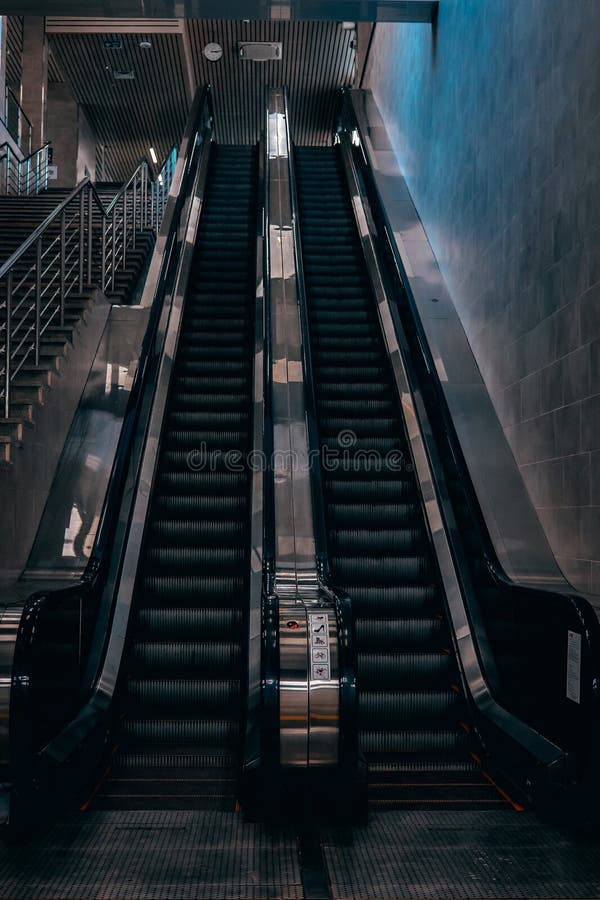 Bottom-up View of an Empty Escalator Underground. Empty Stair Steps of ...