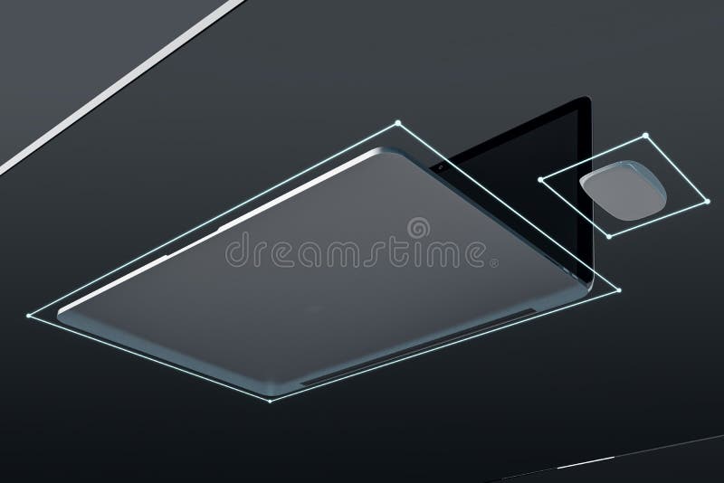Bottom View of Abstract Transparent Designer Desktop with Laptop ...
