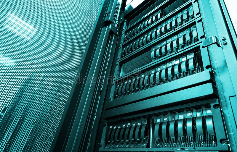 Bottom View on Big Rack Server with Multiple Hard Drives in Modern Data ...