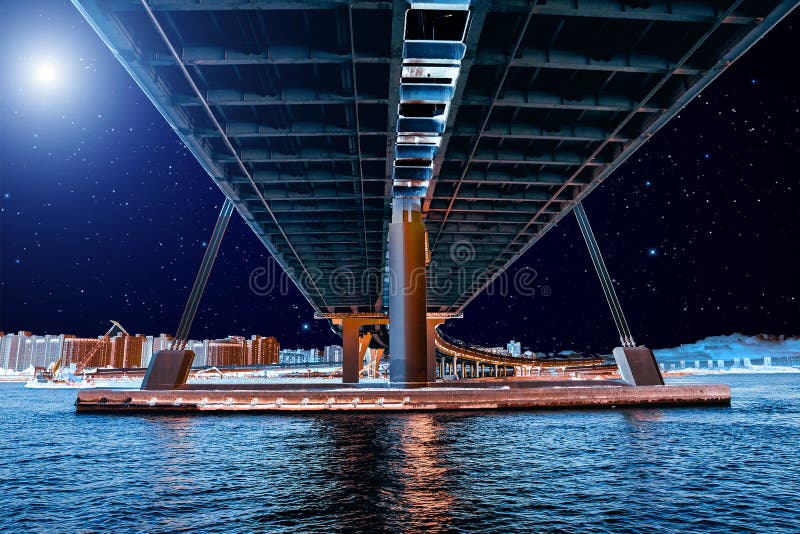 Bottom View of the Cable-stayed Bridge. Bright Moon and Stars in the ...