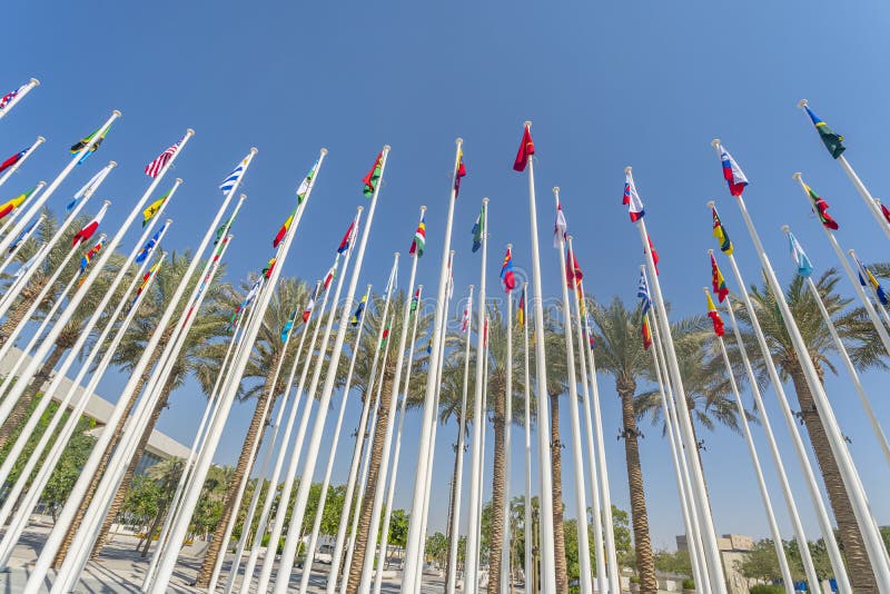 Bottom View. Different Flags of Many Countries on Sky Background ...