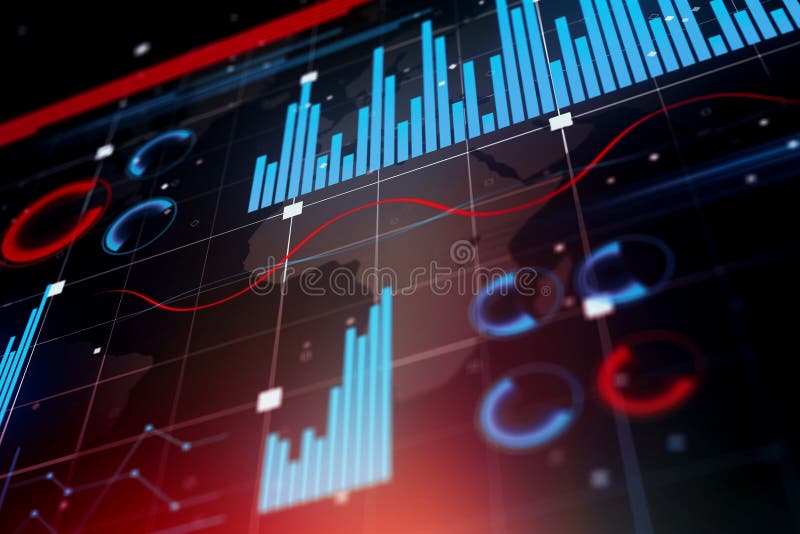 Bottom View on Digital Stats Infographic Chart with Blue and Red Graphs ...