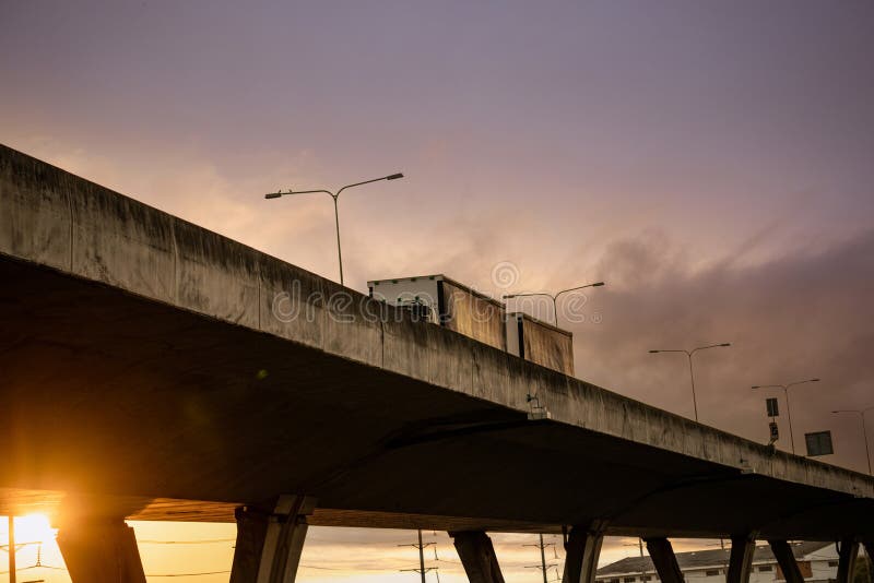 Bottom View of Elevated Concrete Highway with Truck Driving. Overpass ...