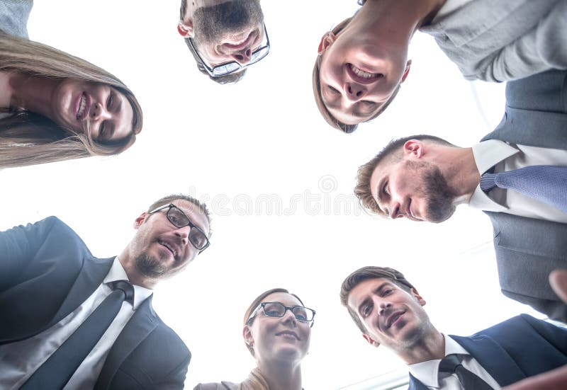 Bottom View.a Group of Employees Stands Forming a Circl Stock Image ...