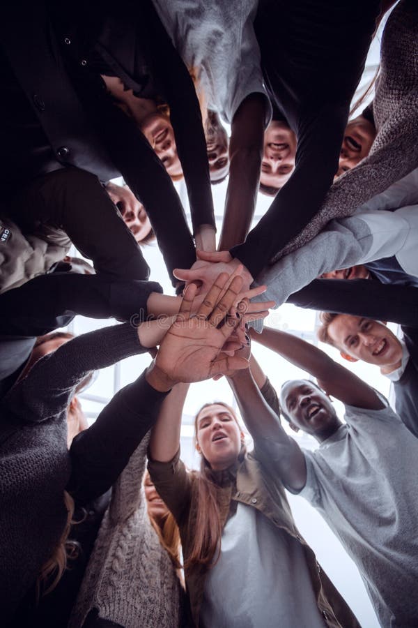 Bottom View. Group of Happy Young People Making a Stack of Hands Stock ...