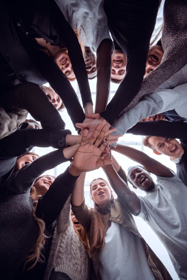 Bottom View. Group of Happy Young People Making a Stack of Hands Stock ...