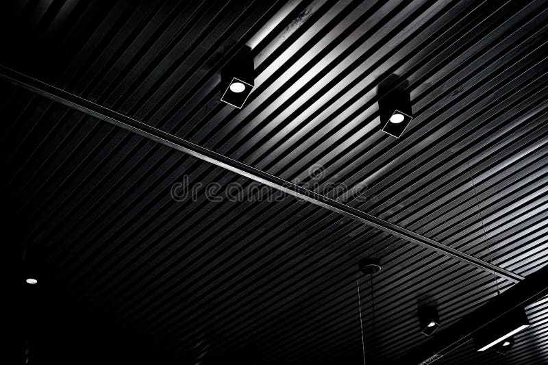 Bottom View of Lath Ceiling with Spot Lights. Abstract Modern ...