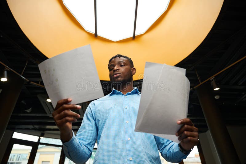 Bottom View Man Head Manager Looking through Papers Stock Image - Image ...