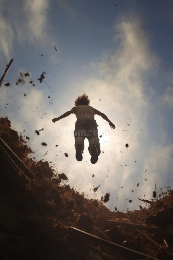 Bottom View of a Man Jumping in the Air. a Man Floating. a Man Falling ...