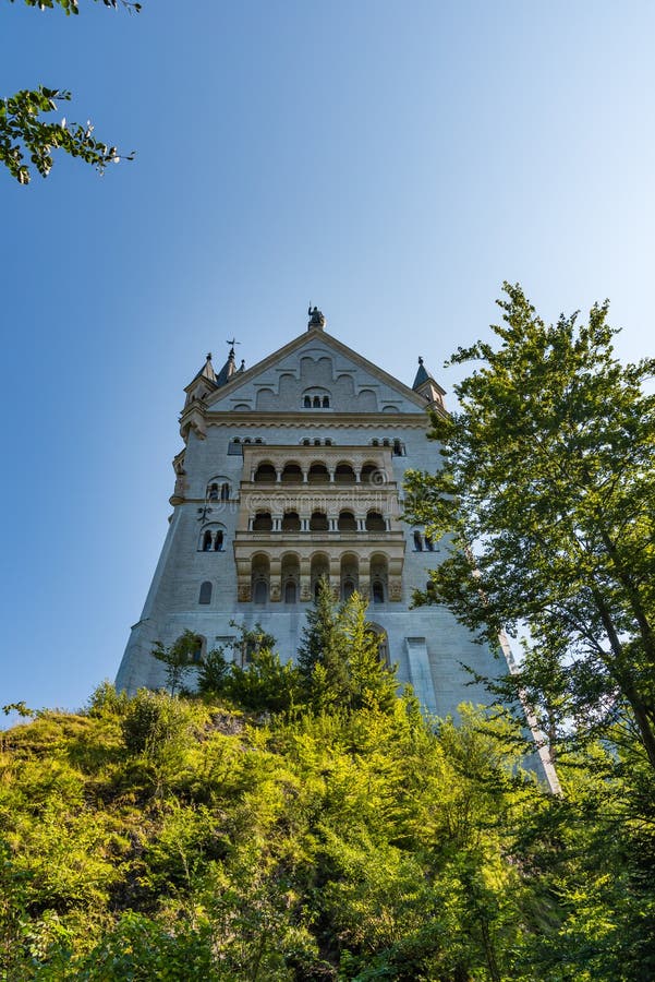 Bottom View on the Neuschwanstein Castle between the Trees Stock Photo ...