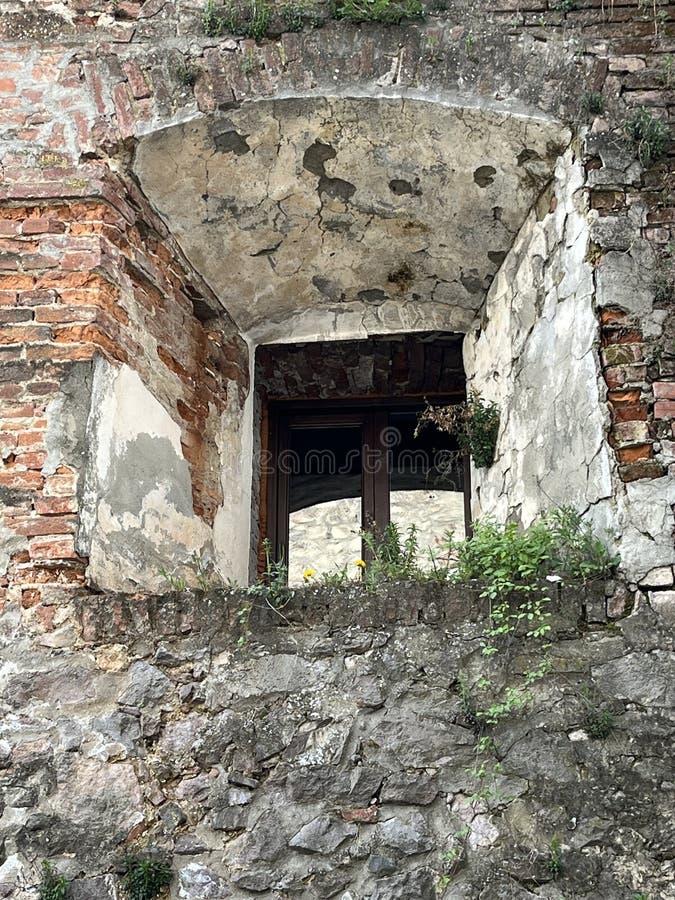 Bottom View of an Old Thick Window from a Stone Castle. Ancient Stock ...