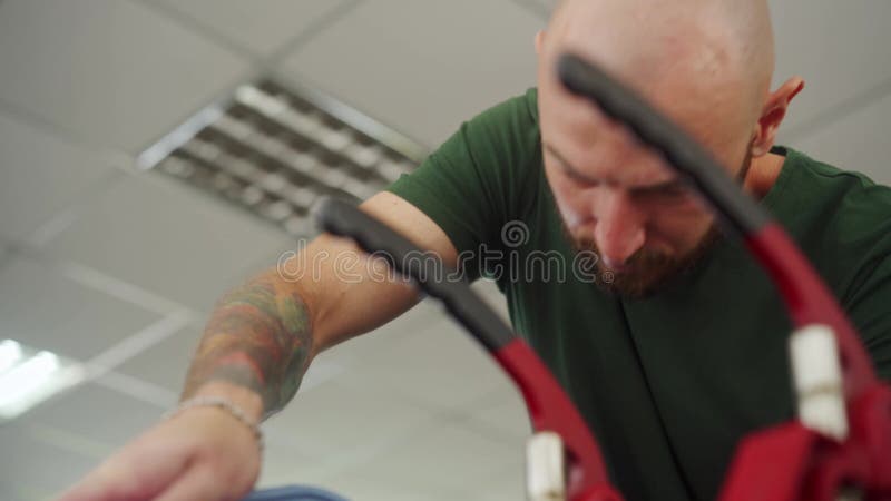 Bottom View of Professional Leather Craftsman Pulls Handle of Hand ...