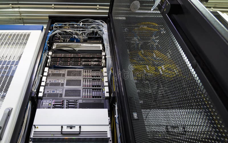 Bottom View of Rack Server Against Neon Light in Data Center with Dept ...