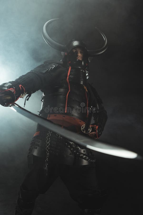 Bottom View of Samurai in Traditional Armor with Sword on Dark ...