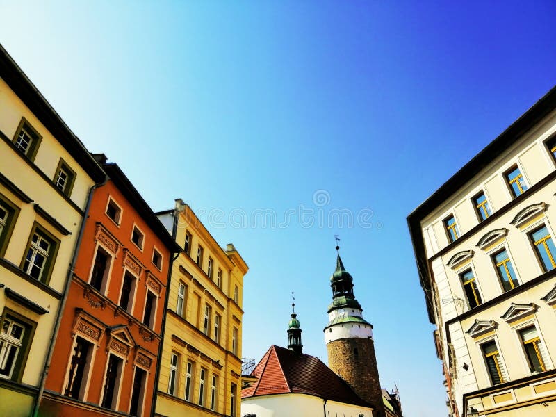 Bottom View Shot of Buildings and Tower Tips in Jelenia, Poland Stock ...