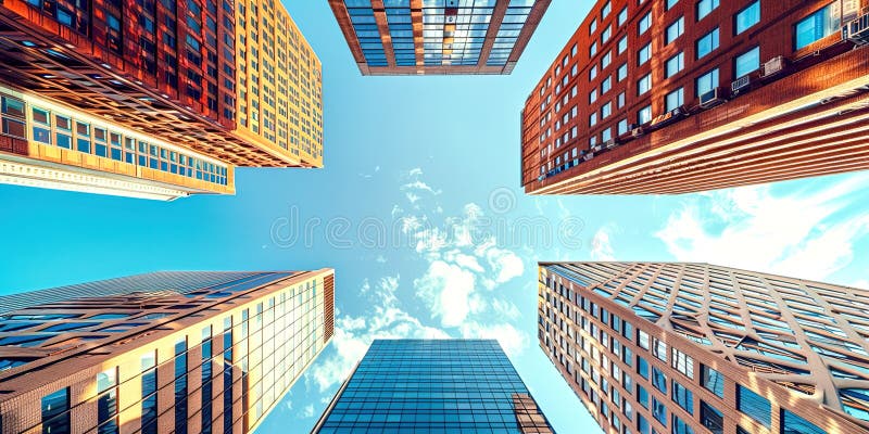Bottom view of skyscrapers stock image. Image of financial - 332153859