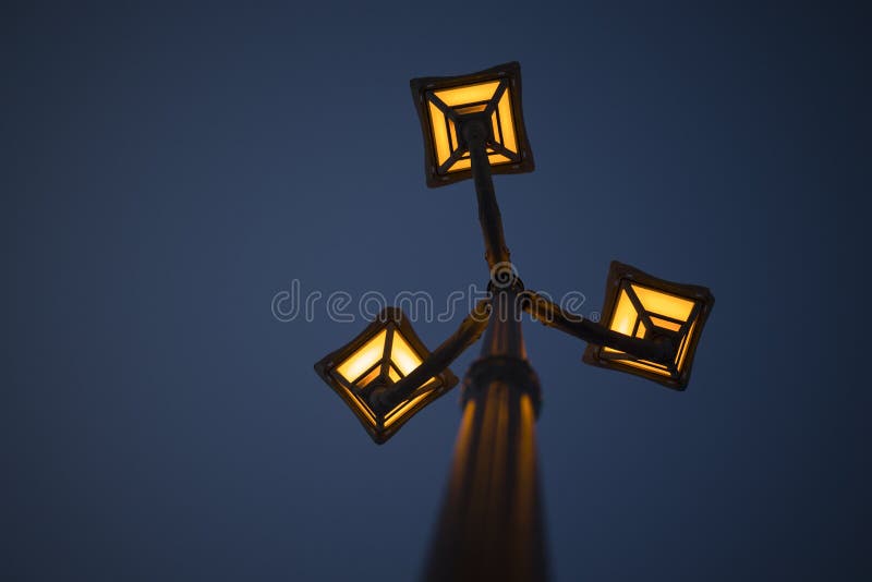 Bottom View of Street Light on Blue Sky . Night Shot Stock Image ...