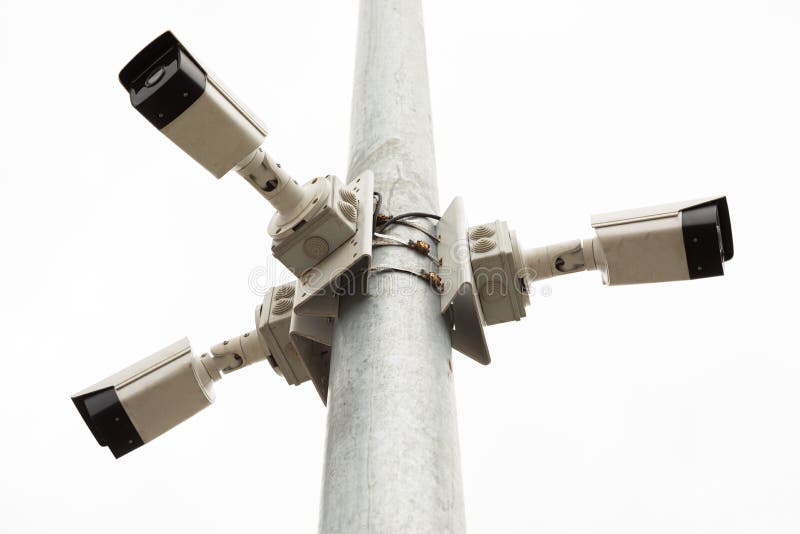 Bottom View of Three White Security Cameras Stock Photo - Image of ...