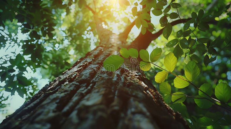 Bottom View of Tree Trunk To Green Leaves of Big Tree in Tropical ...