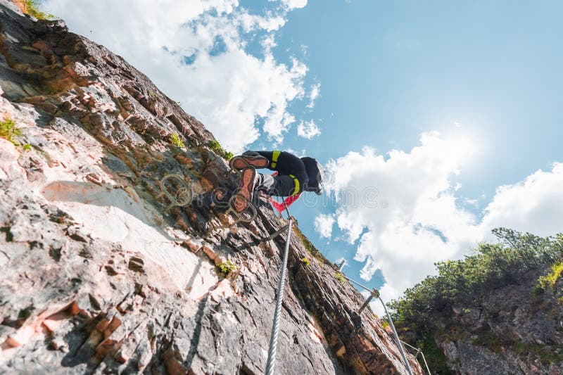 Bottom View Up a Climbing Path with Steps of a Via Ferrata Climbing ...