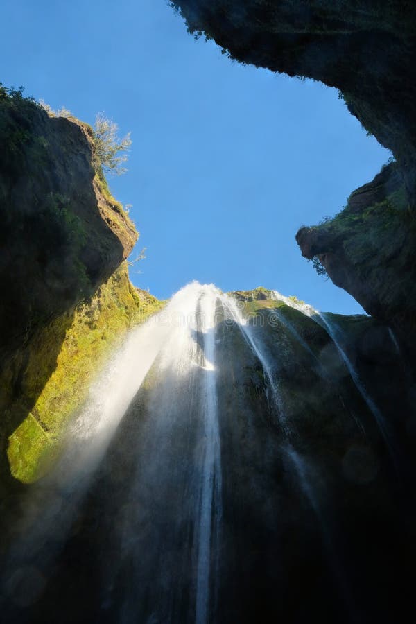 Bottom View of Waterfall in Canyon in Iceland Stock Photo - Image of ...