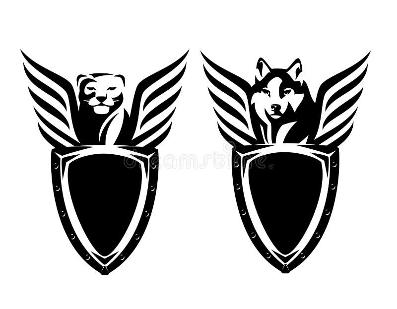 Bouclier Héraldique Avec Lionne Ailée Et Tête De Loup Ensemble De Conception Vectorielle Noir Et